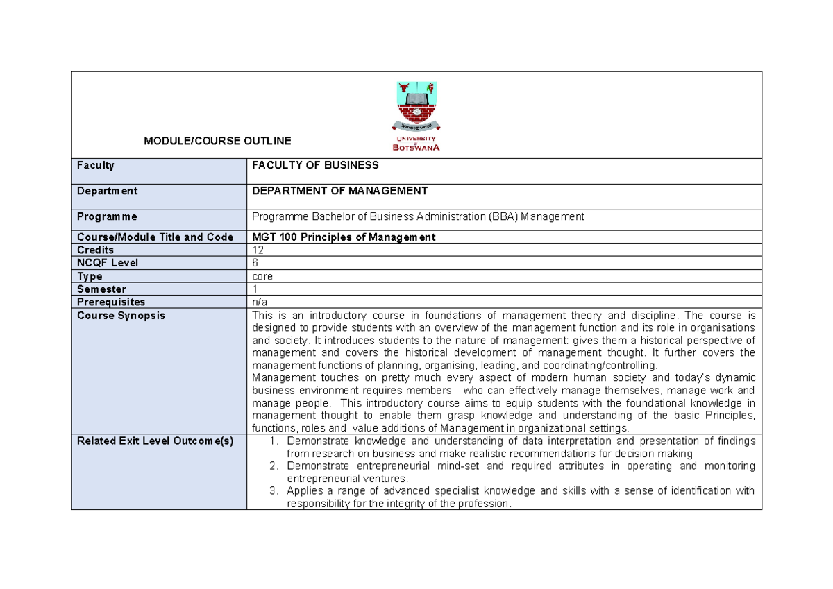 MGT 100 Principles of Management Course Outline and Learning Outcomes ...
