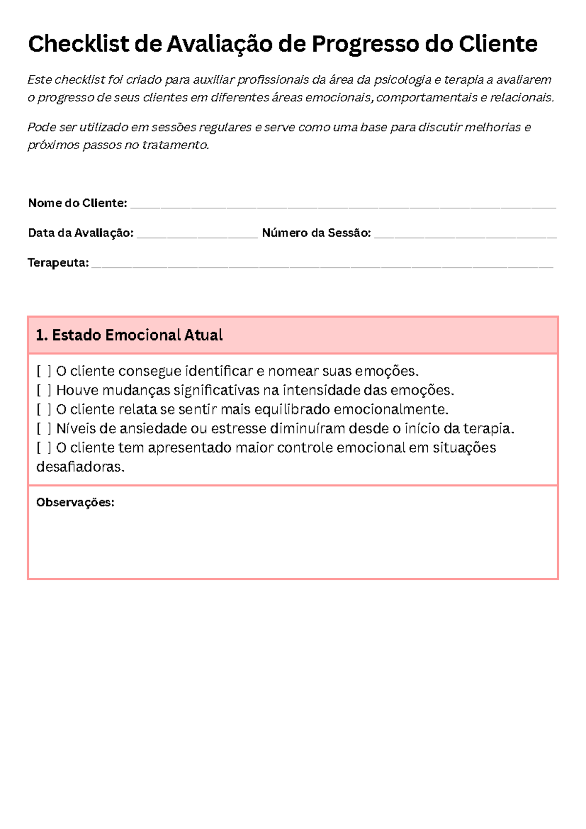Checklist de Avaliação de Progresso do Cliente em Terapia - Studocu