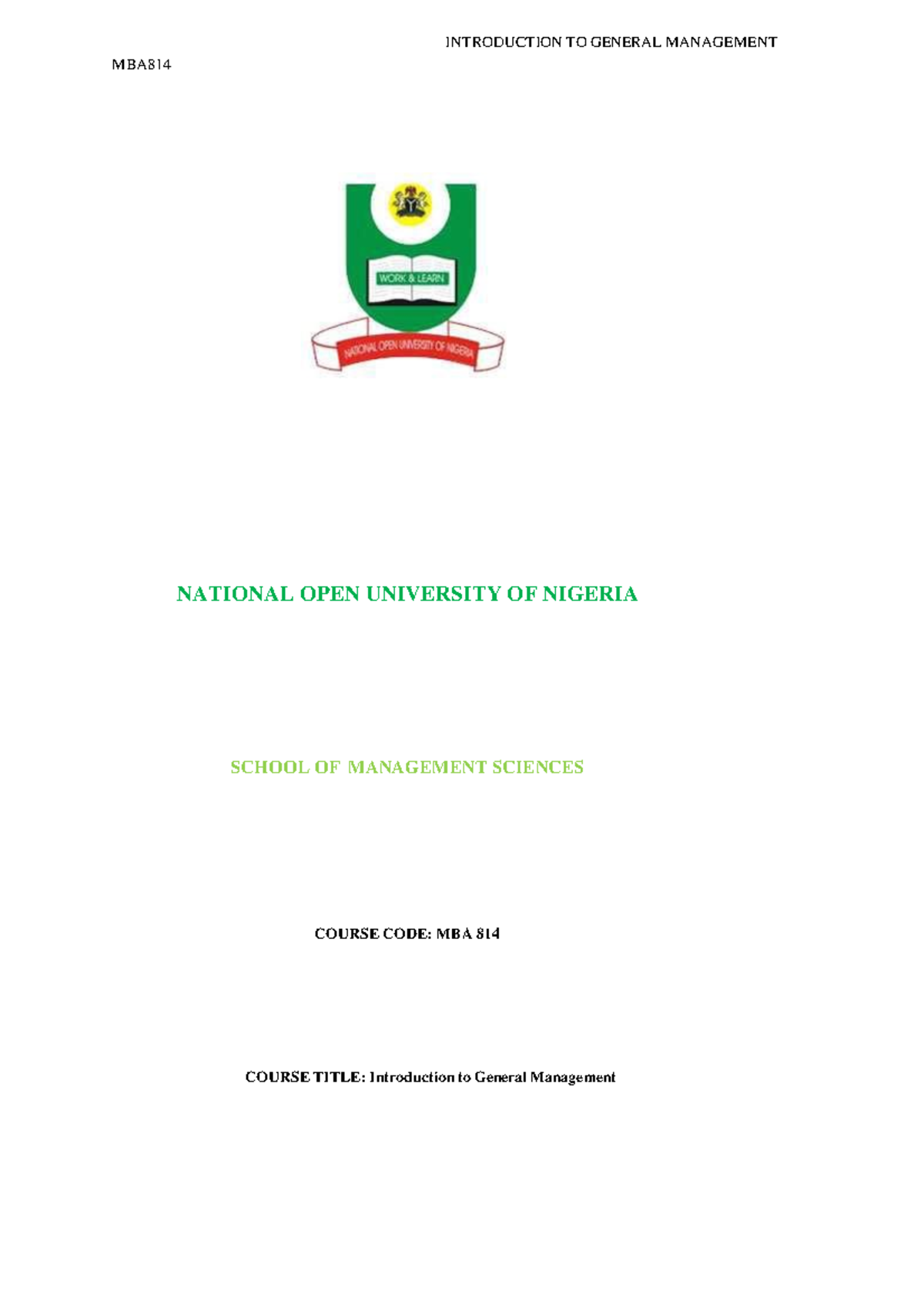 MBA 814- Intro to General Mgt - MBA NATIONAL OPEN UNIVERSITY OF NIGERIA ...