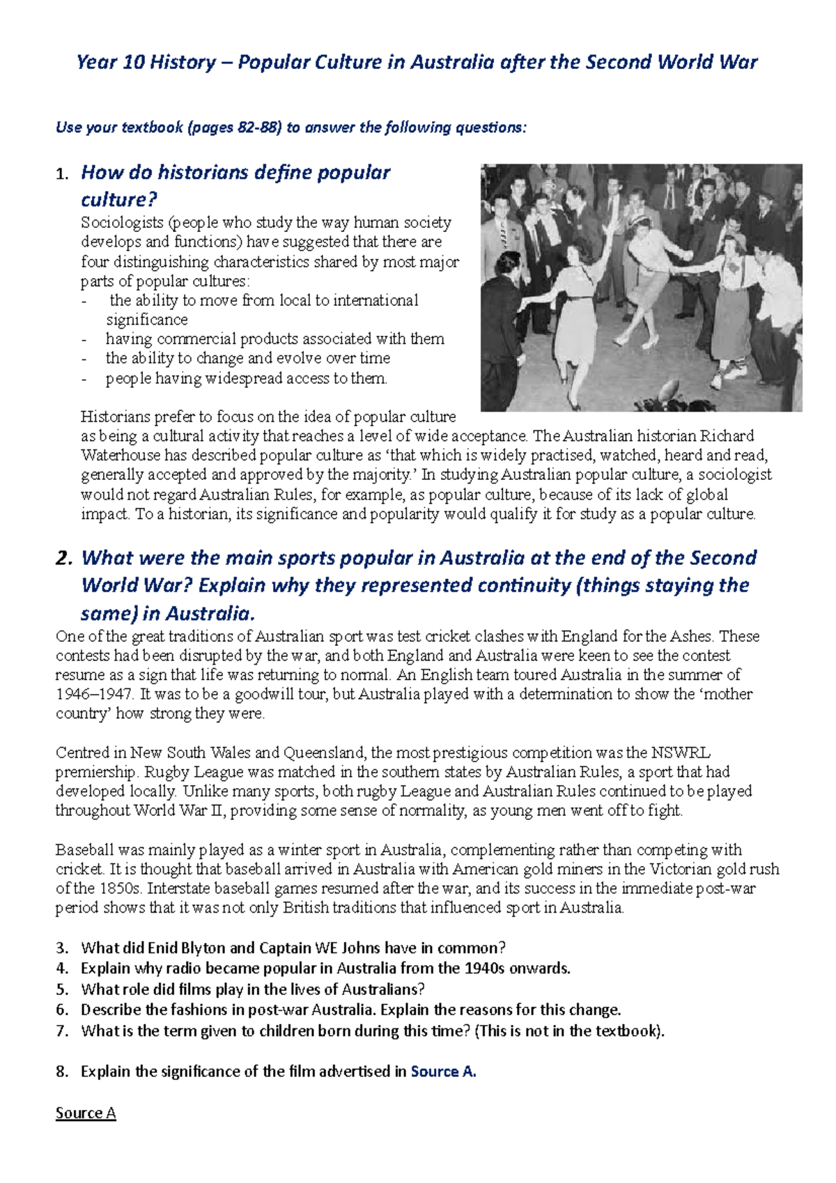 Year 10 History - Popular Culture in Australia Post-WWII Notes - Studocu