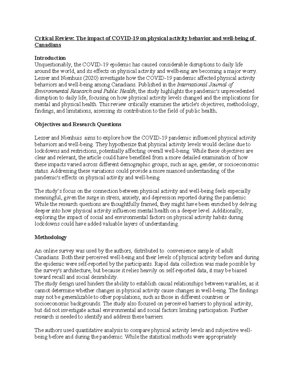 Critical Review Essay - The Impact of COVID-19 on Canadians' Well-Being ...