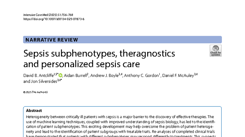 Sepsis Subphenotypes and Theragnostics in Critical Care: A Review (ICM ...
