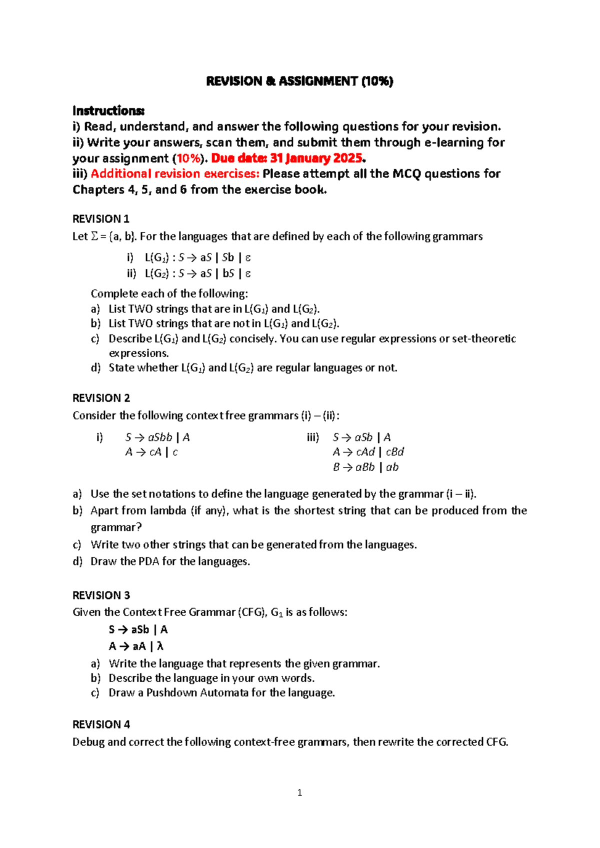 Revision Assignment for Languages and Grammars (Course Code: REV 2025 ...