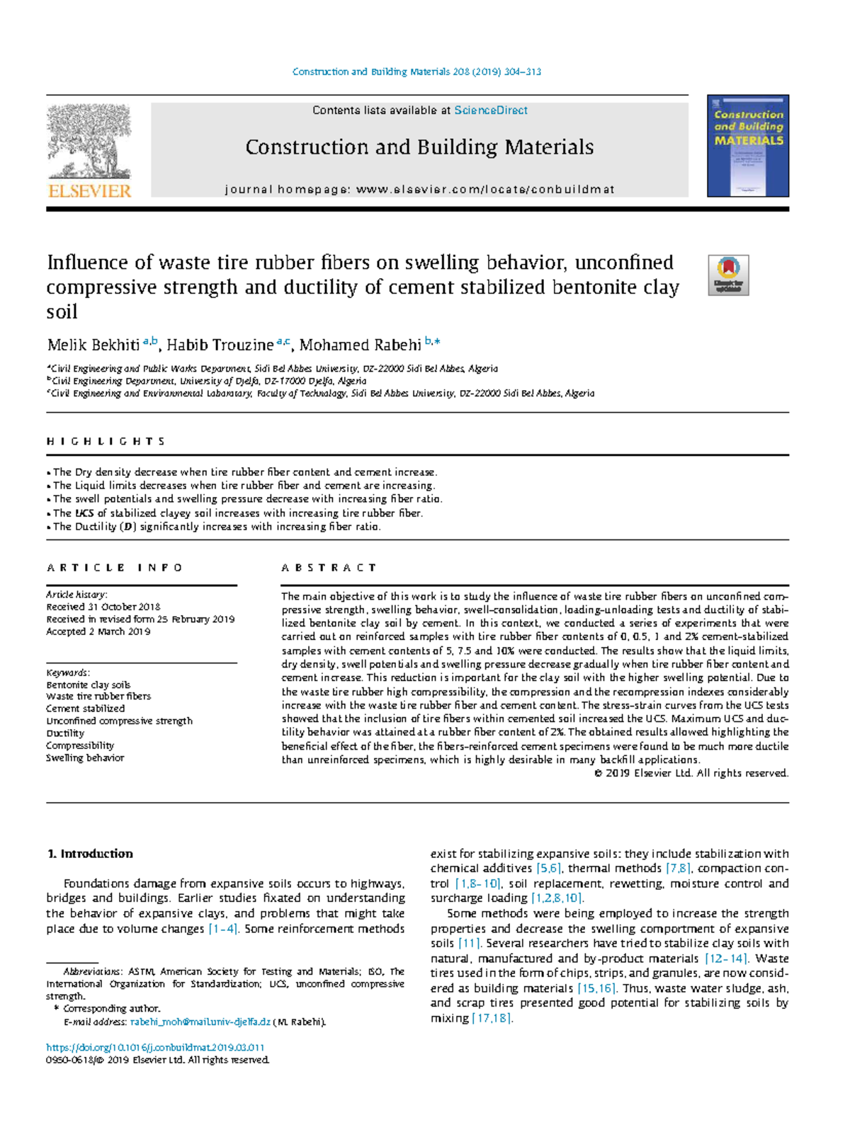 Influence of Waste Tire Rubber Fibers on Soil Properties - CEBM 208 ...