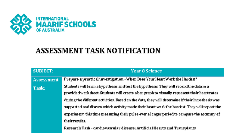 Year 8 Science Assessment: Cardiovascular Disease Research Task - Studocu