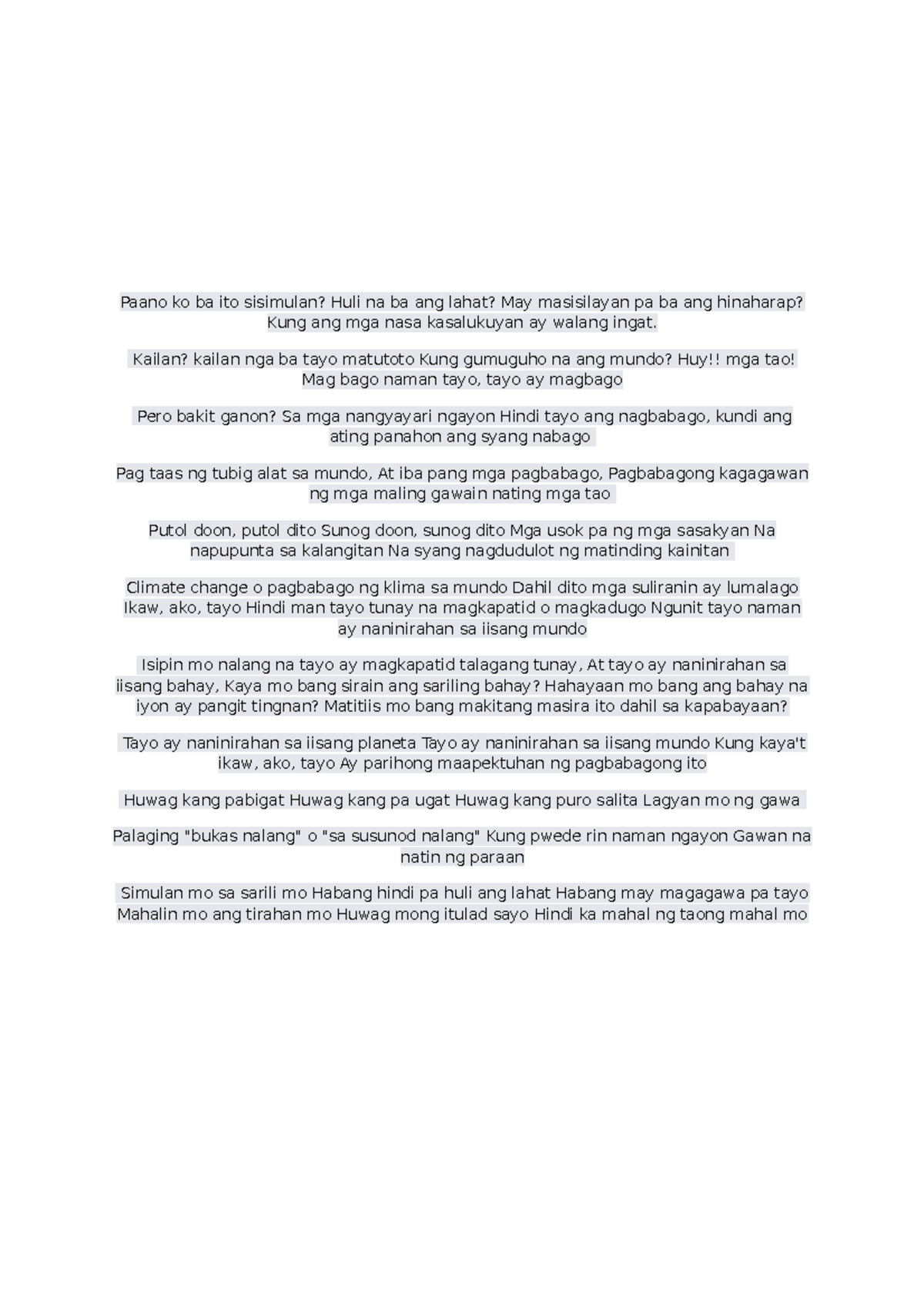 AP PT (TULA) Pagbabago ng Klima: Tayo at ang Kinabukasan - Studocu