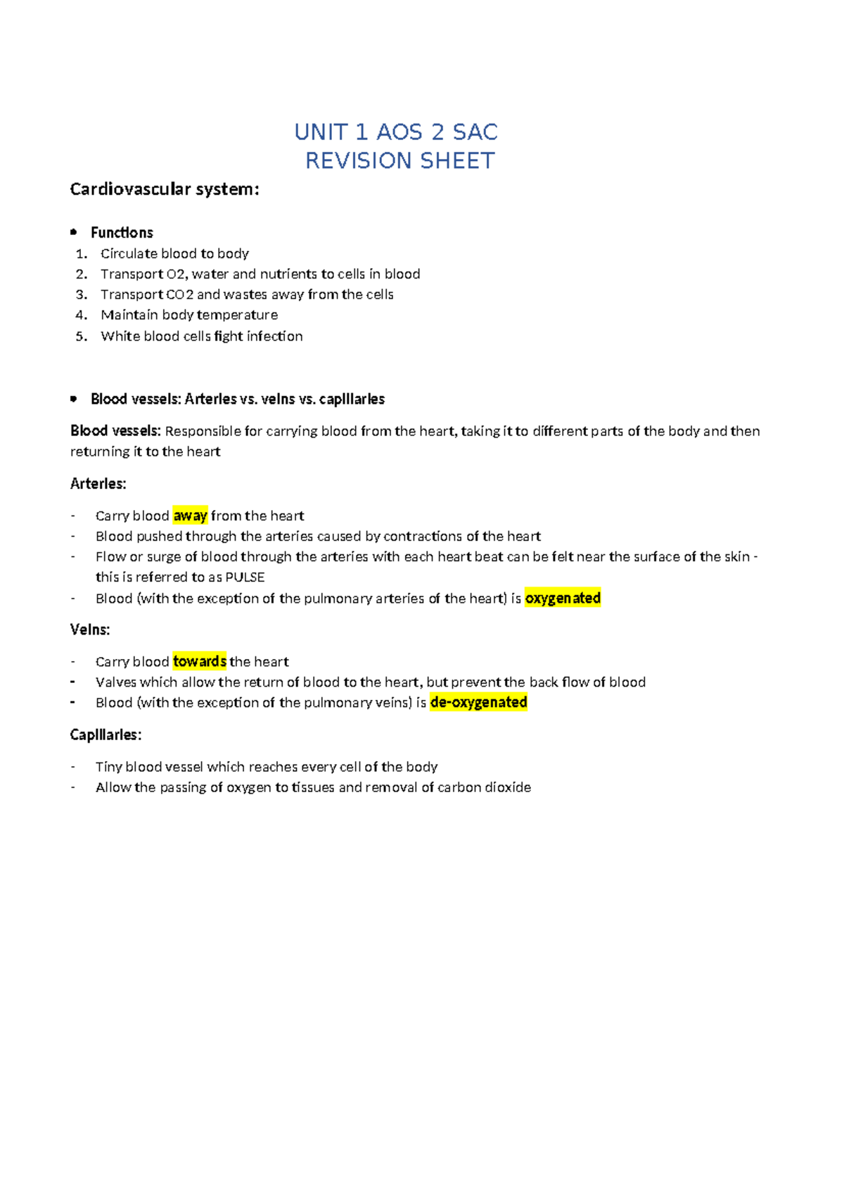 Unit 1 AOS 2 SAC Revision: Cardiovascular & Respiratory Systems - Studocu