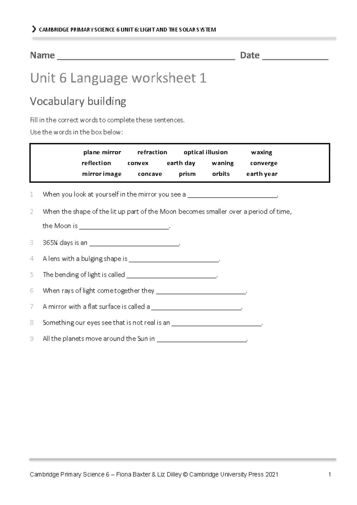 6A. G5 Cambridge Primary Science 6 Unit 6: Light & Solar System ...