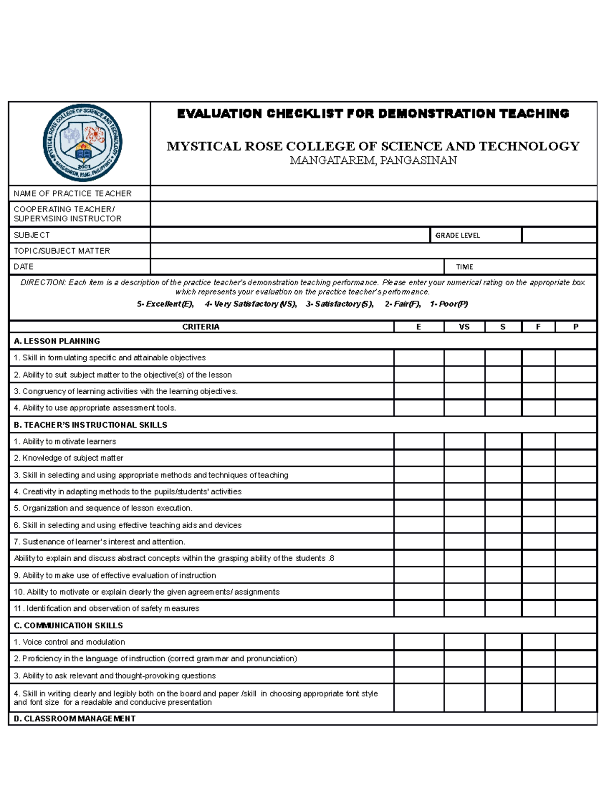 Evaluation Template FOR DEMO Teaching - EVALUATION CHECKLIST FOR ...