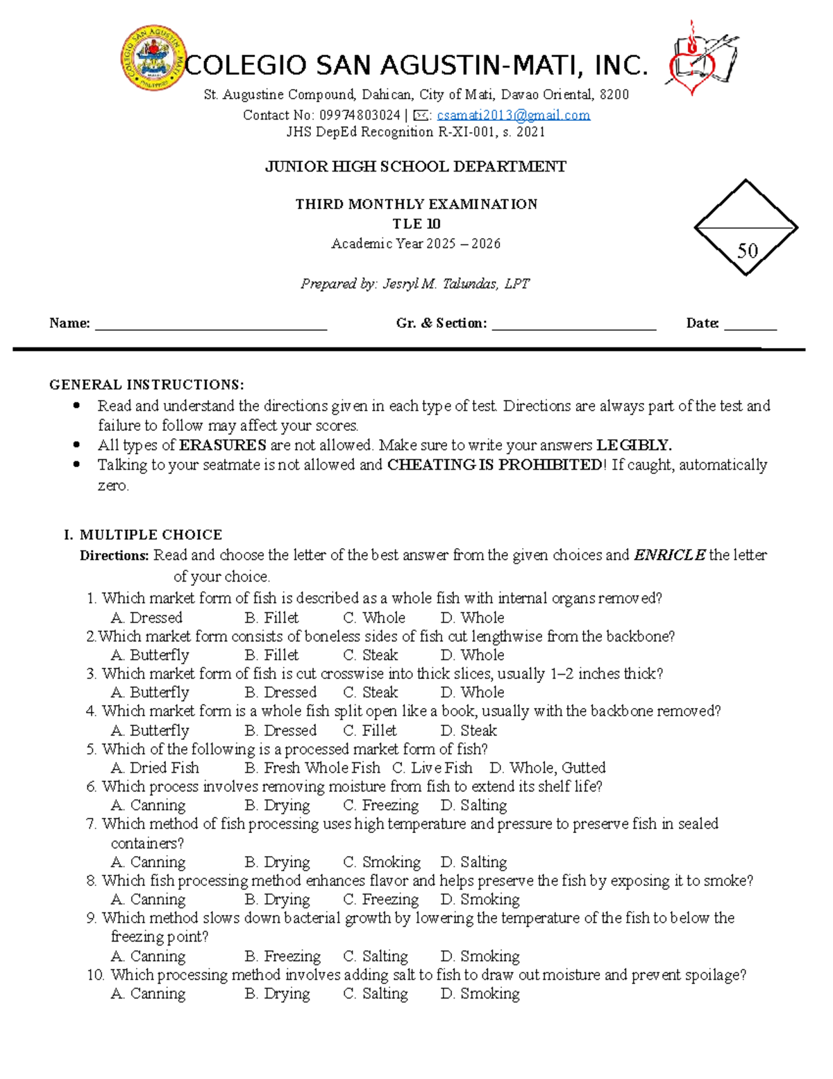3RD LONG QUIZ (TLE 10) - GRADE 10 TLE 3RD QUARTER - Studocu