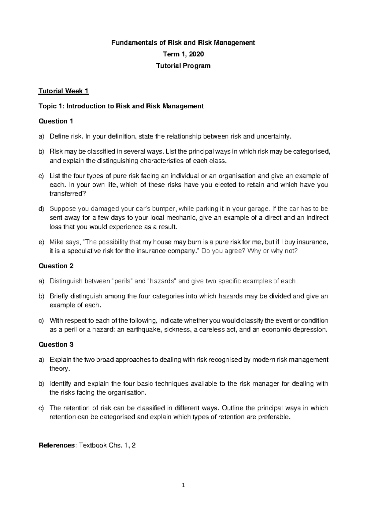 Tutorial Week 8 Questions Warning Tt Undefined Function 32 1 Fundamentals Of Risk And Risk