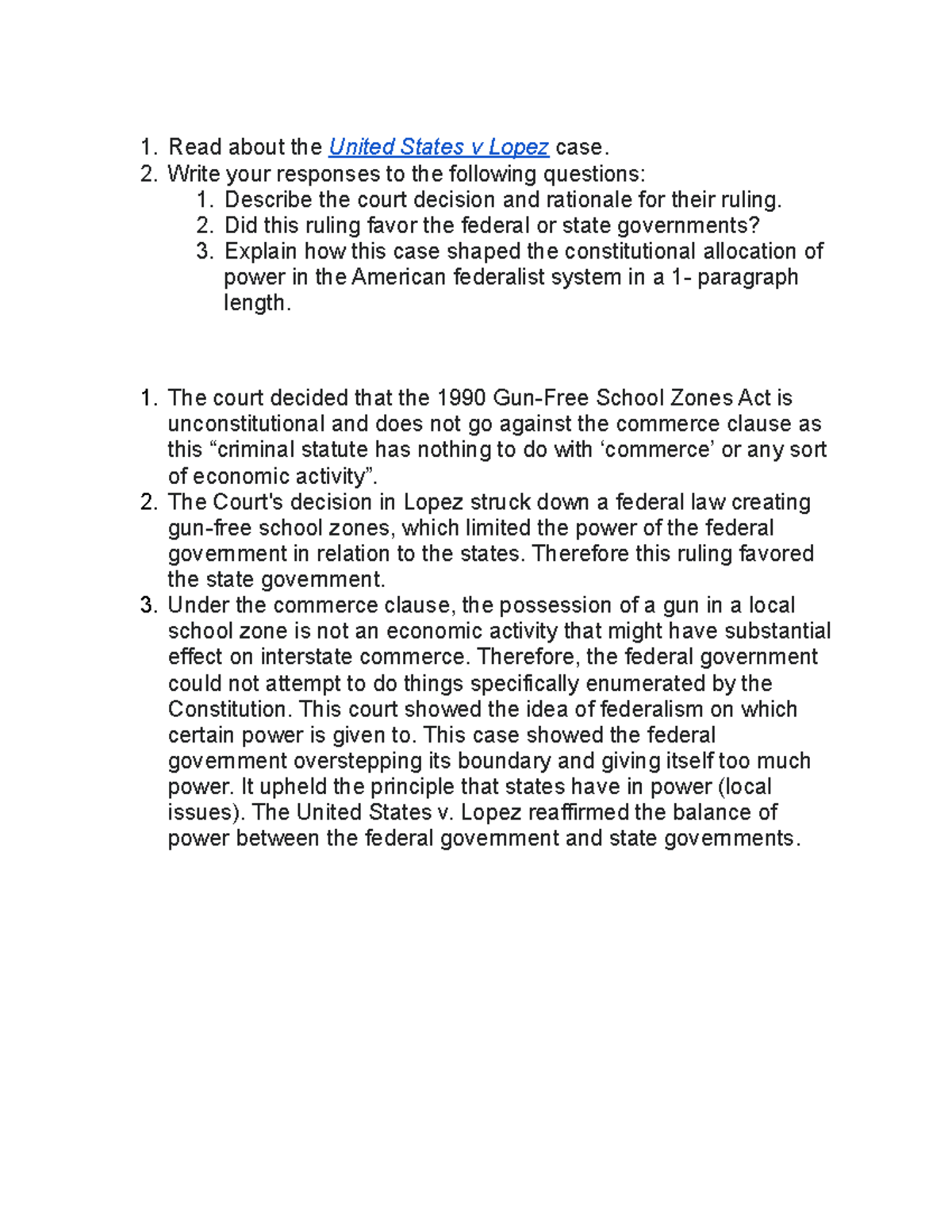 1.7sj Analyzing Shf - Read about the United States v Lopez case. Write ...