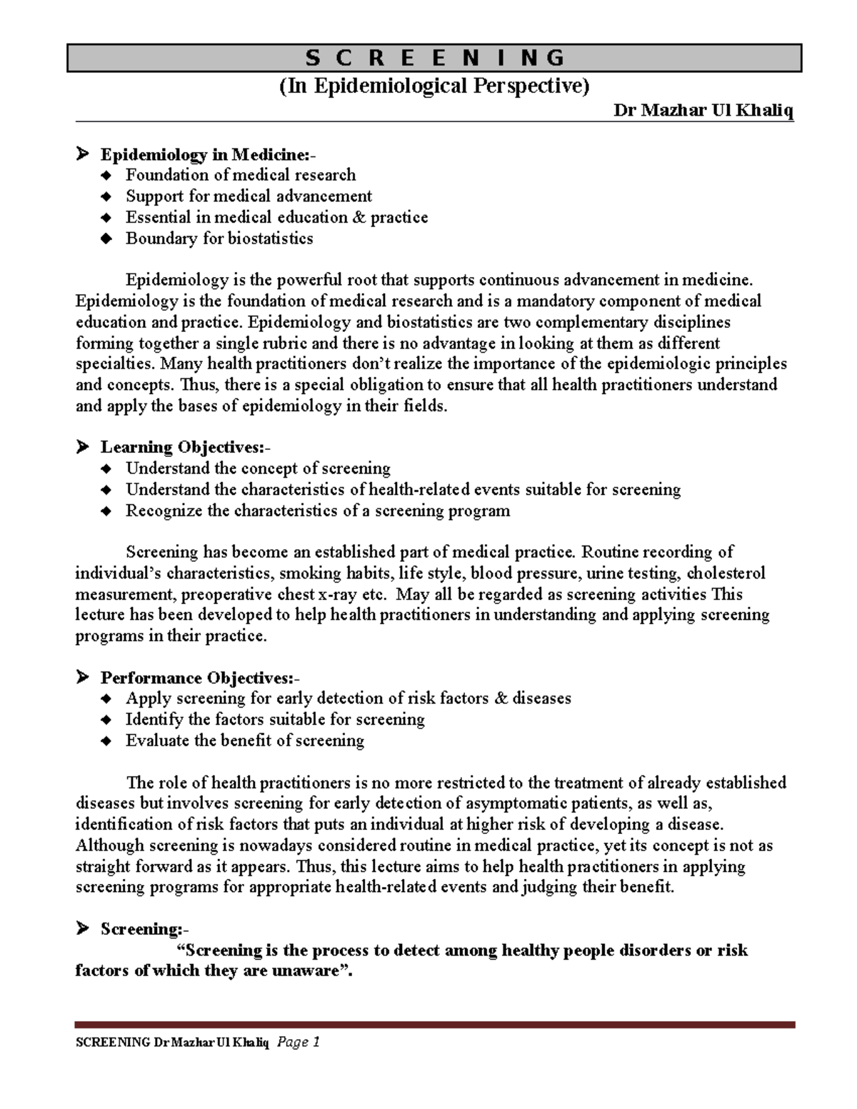 Screening Notes - S C R E E N I NG (In Epidemiological Perspective) Dr ...