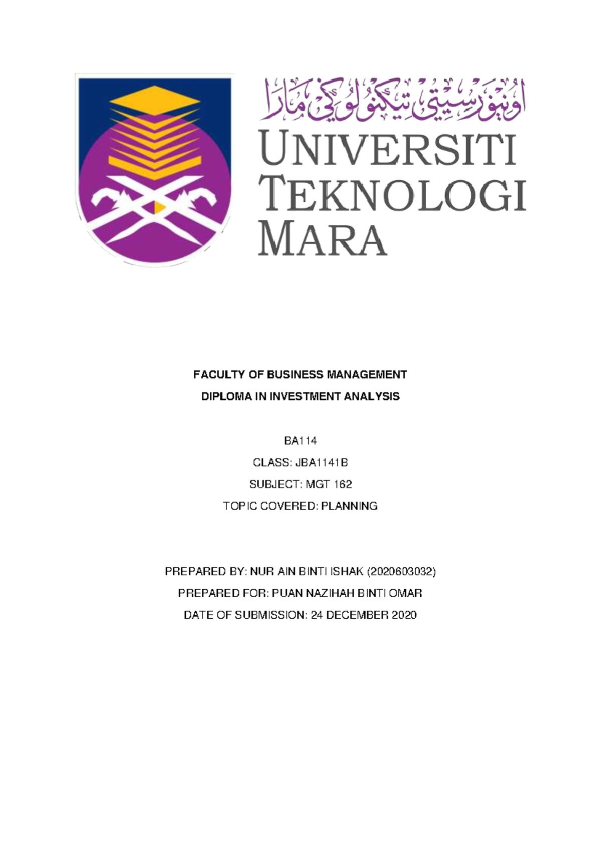 Individual Assignment MGT 162 - fundamental of management - UiTM - Studocu
