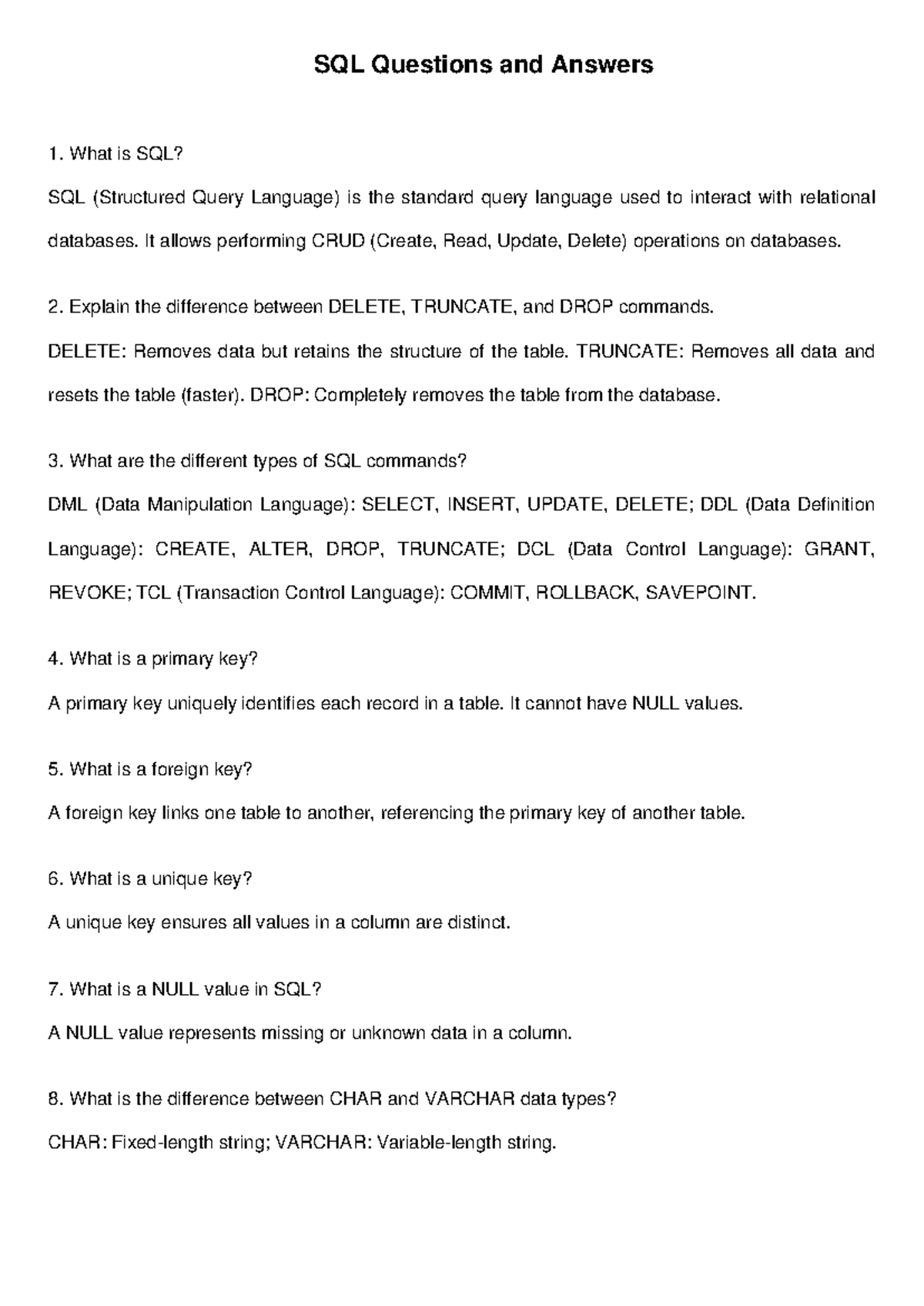 SQL Q&A: Key Concepts and Commands Explained - Studocu