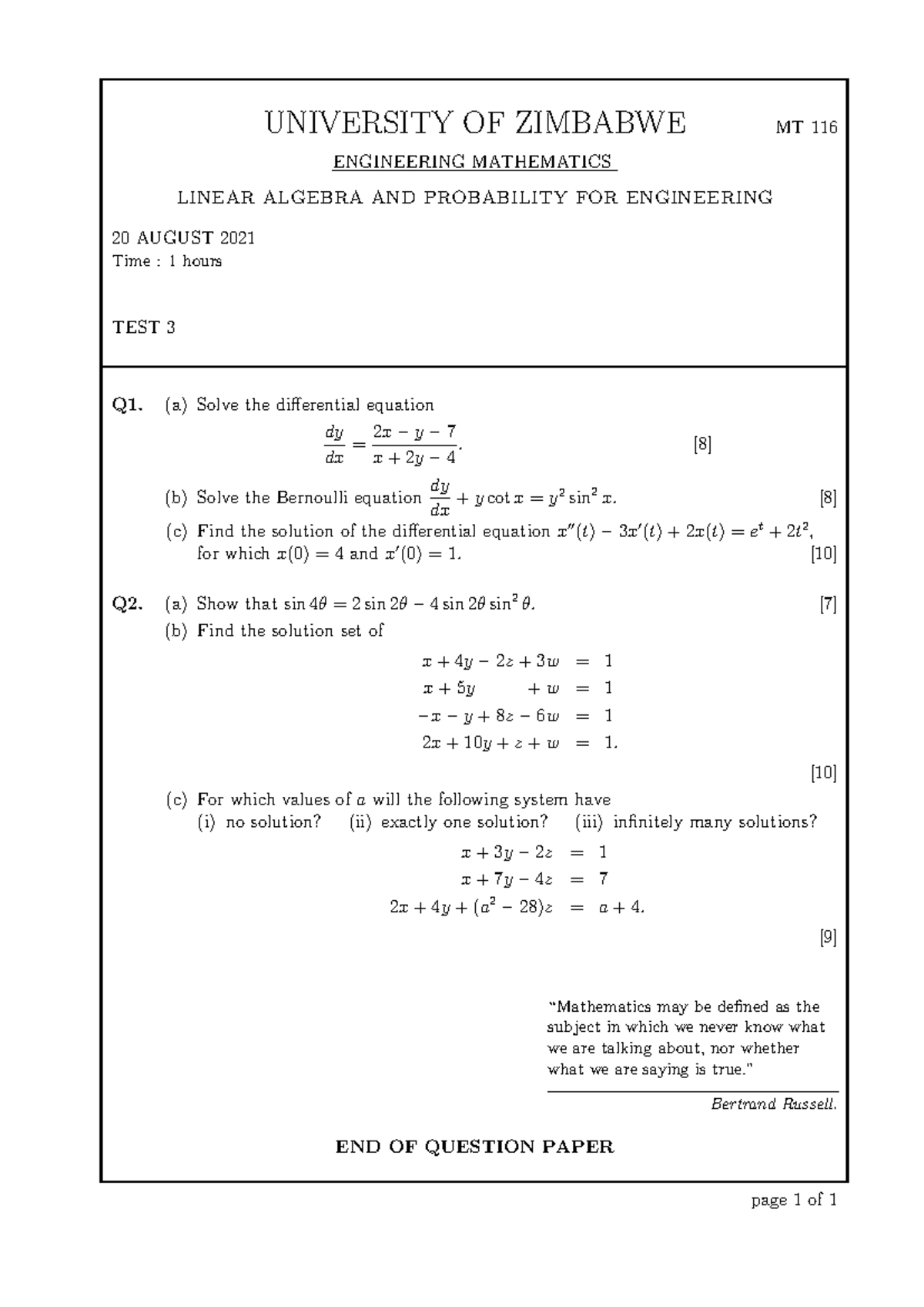 MT 116 Engineering Mathematics Test 3 - Linear Algebra & Probability ...