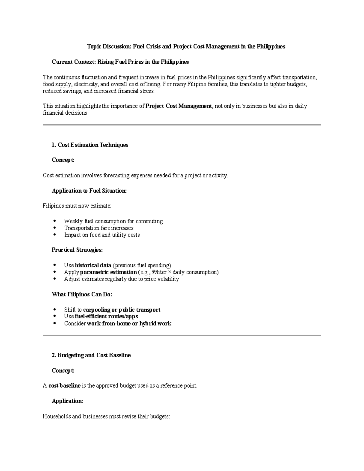 Topic Discussion: Fuel Crisis & Project Cost Management in the PH - Studocu