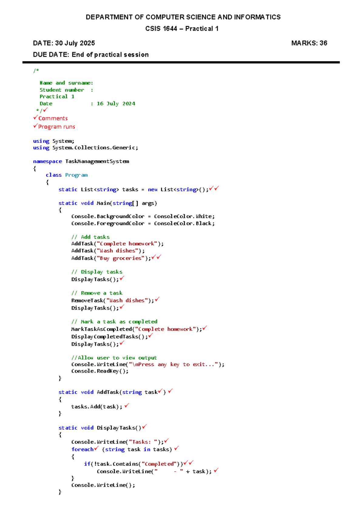 CSIS1644 Practical 1 Memo 2025 - DEPARTMENT OF COMPUTER SCIENCE AND INFORMATICS CSIS 1 644 ...