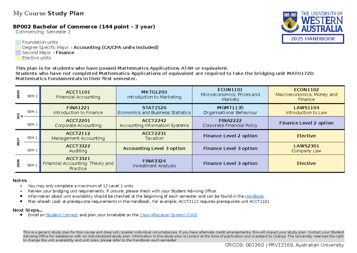 BP002 Bachelor of Commerce Study Plan: Accounting & Finance - Studocu