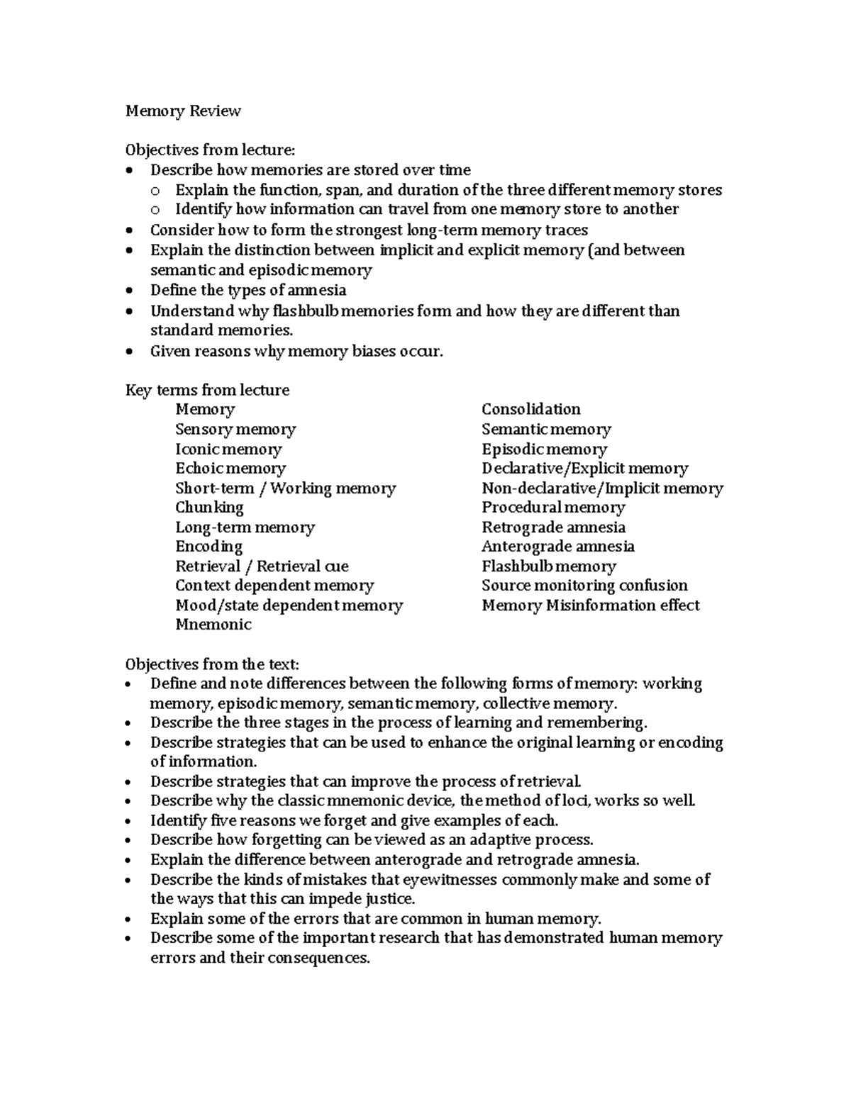 Memory Review and Key Concepts in Psychology (PSY 101) - Studocu