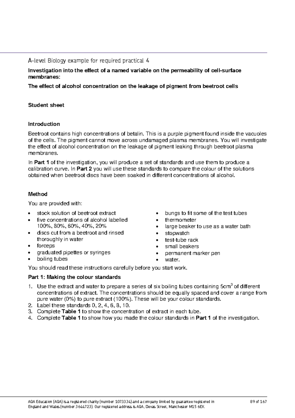 AQA A-Level Biology Practical: Effect of Alcohol on Beetroot Membrane ...