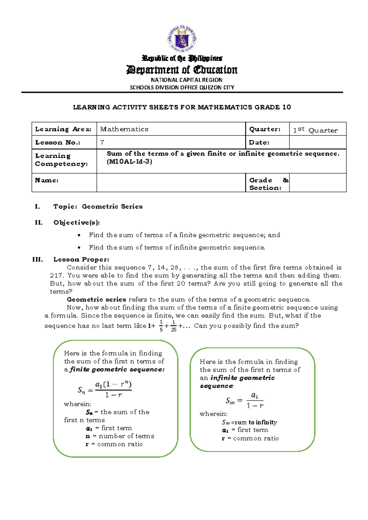 Math10 Q1 LAS7: Sum of Finite & Infinite Geometric Sequences - Studocu