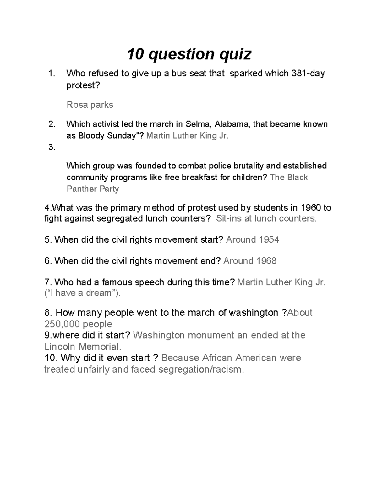 Civil Rights Movement Quiz - Studocu