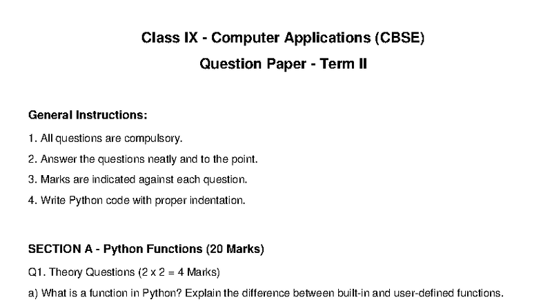 Class IX Computer Applications (CBSE) Term II Question Paper - Studocu