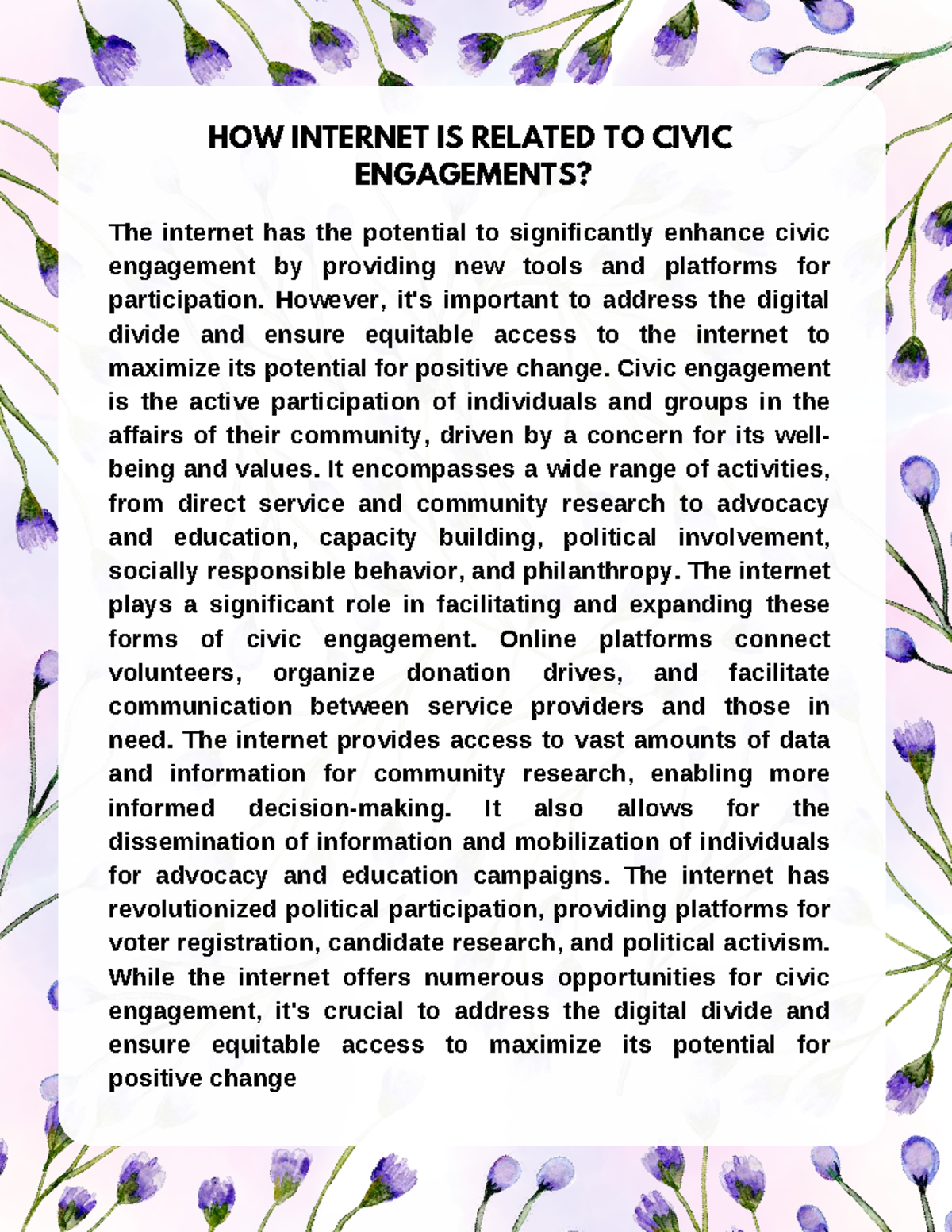 The Impact of the Internet on Civic Engagement and Participation - Studocu