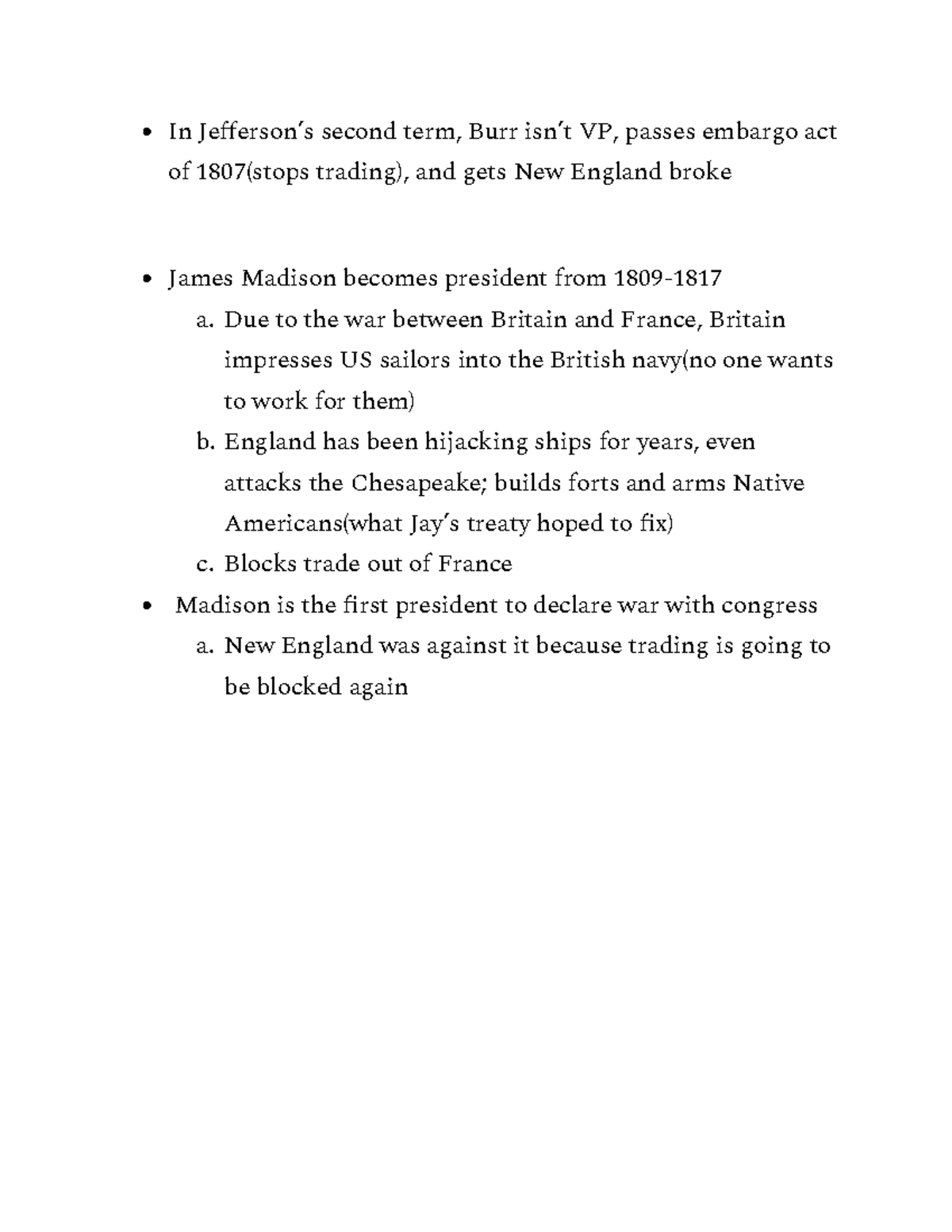 U.S. History Lecture Notes: Jefferson's Second Term and Madison's ...