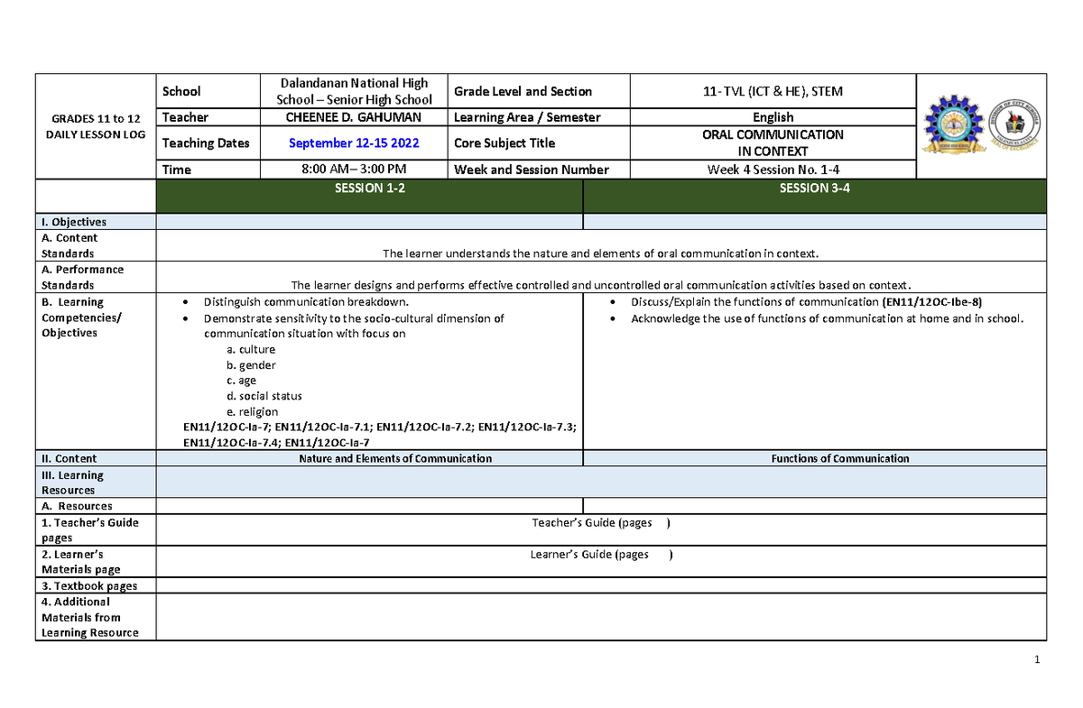 Communication Breakdown - GRADES 11 to 12 DAILY LESSON LOG School ...