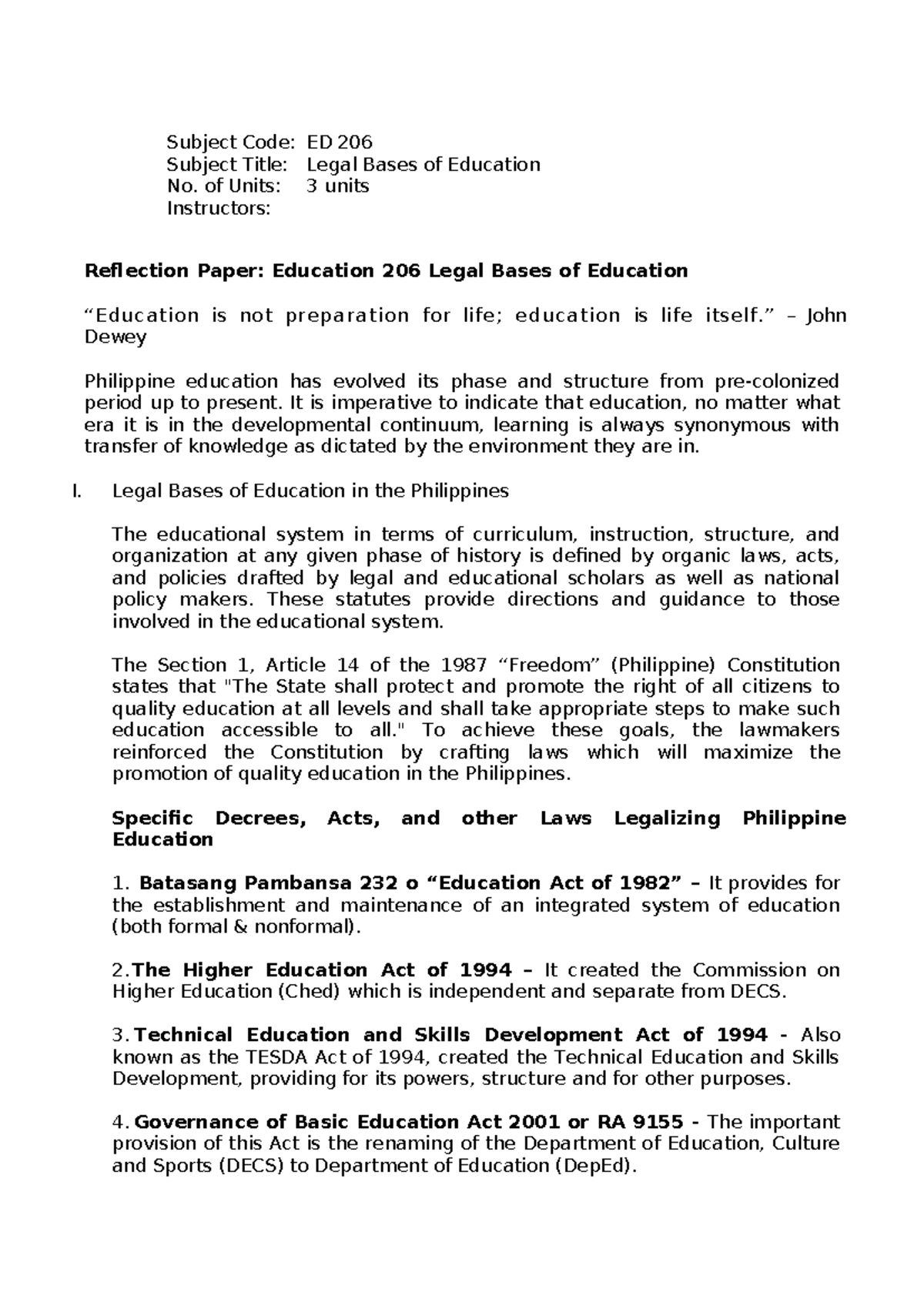ED 206 Reflection Paper: Legal Bases of Education in the Philippines ...