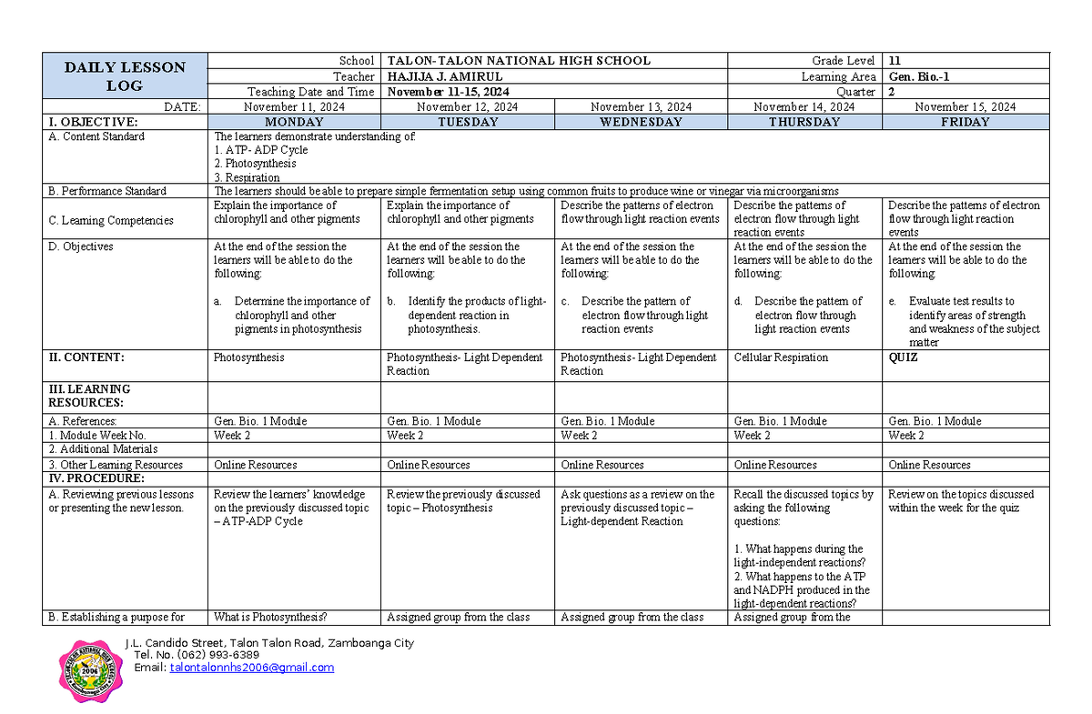 Daily Lesson Log - DAILY LESSON LOG School TALON-TALON NATIONAL HIGH ...