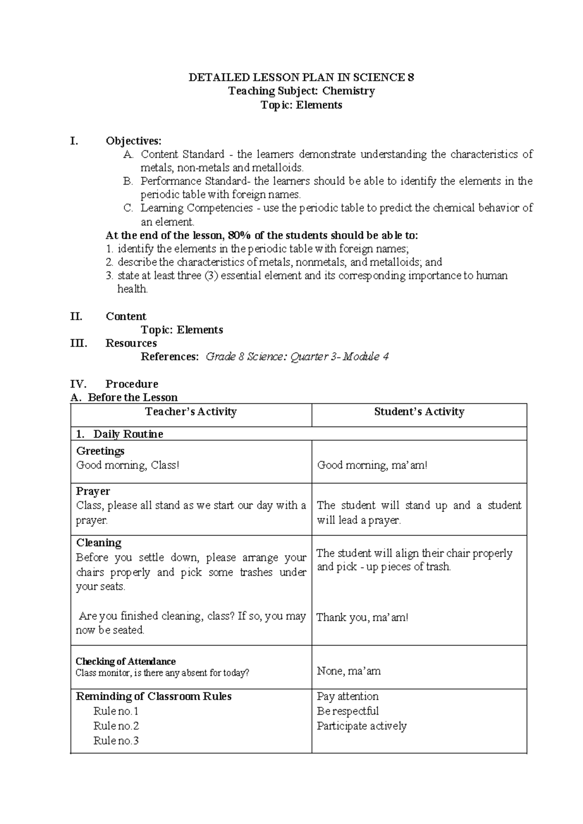 lesson plan elements - DETAILED LESSON PLAN IN SCIENCE 8 Teaching ...