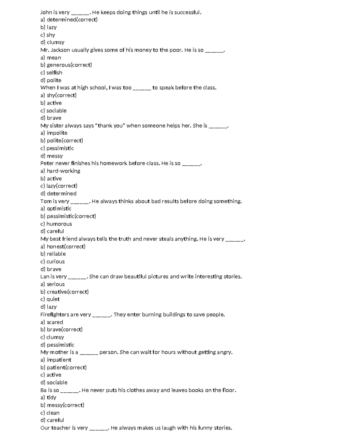 ESL 101: Vocabulary Quiz on Adjectives and Actions - Studocu