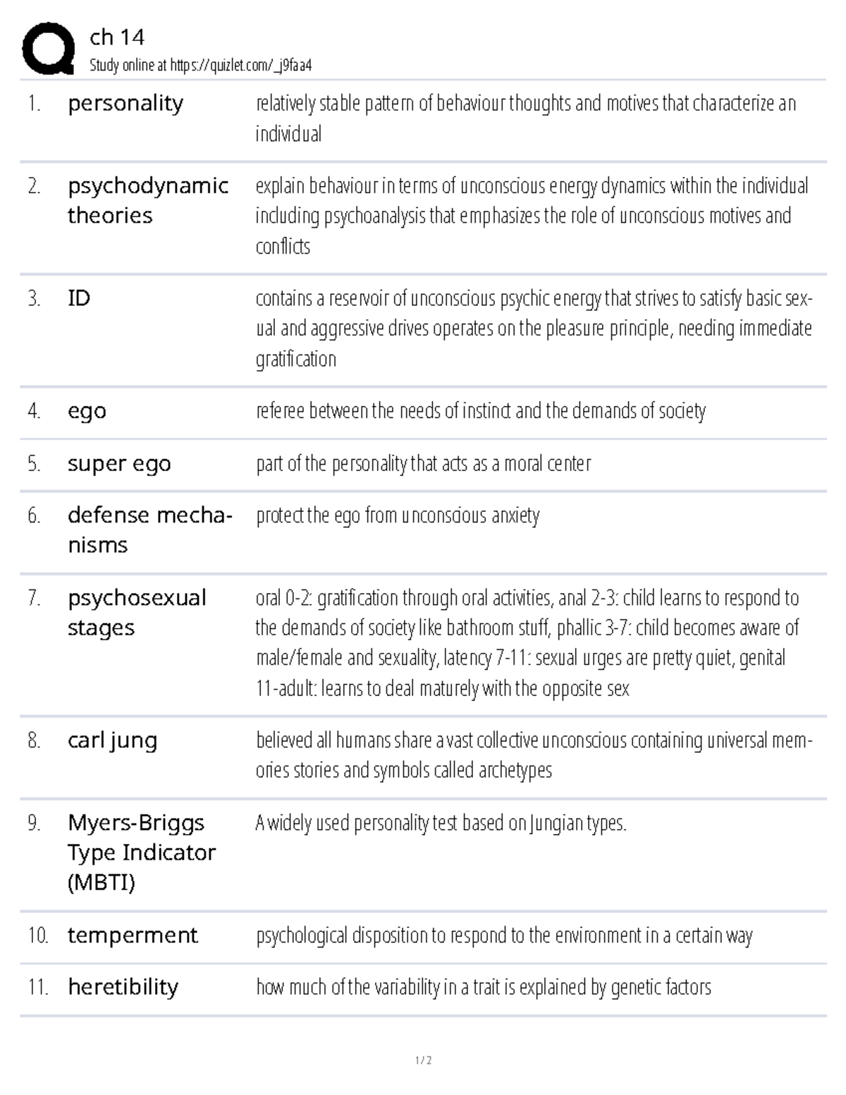 Psychology Chapter 14: Personality Theories Overview - Studocu