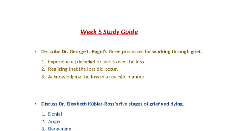 Week 5 Study Guide: Grief Processes & Stages of Loss - Studocu