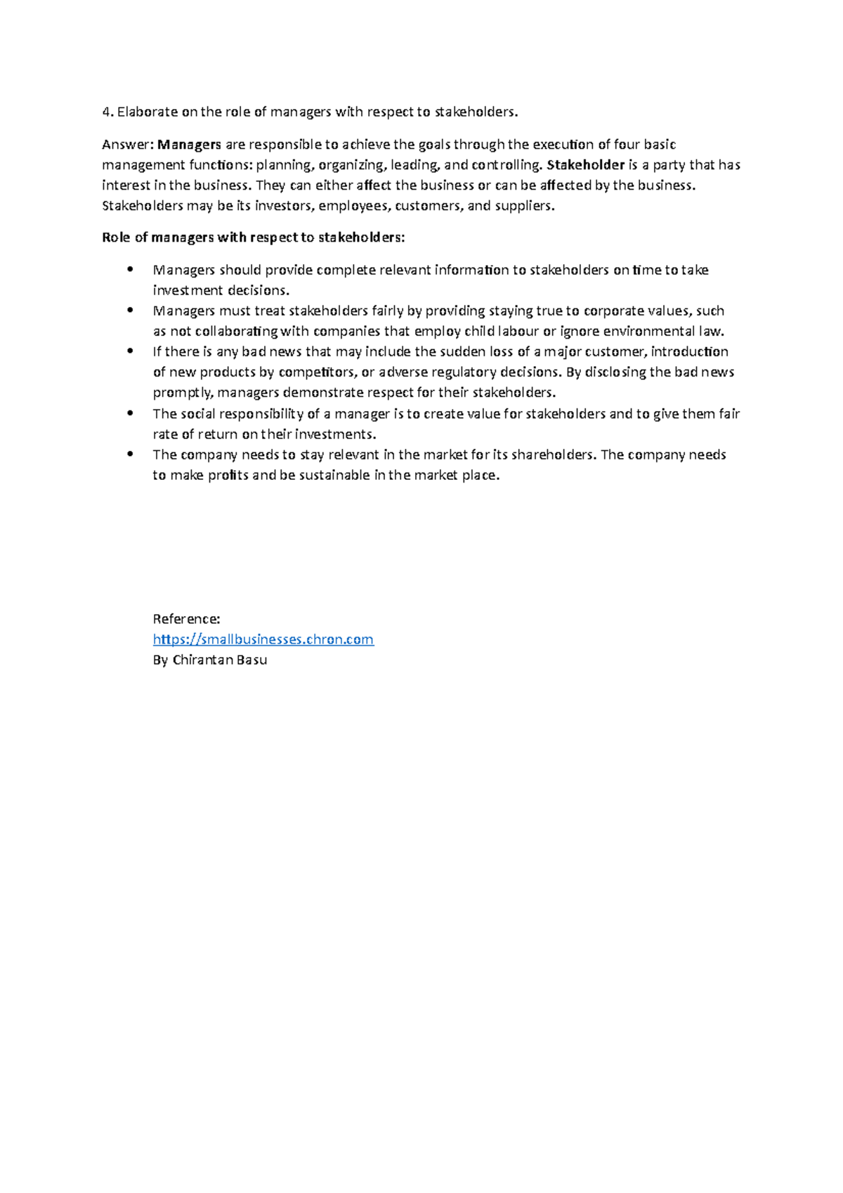 4 - Assignment: Role of Managers in Stakeholder Engagement - Studocu