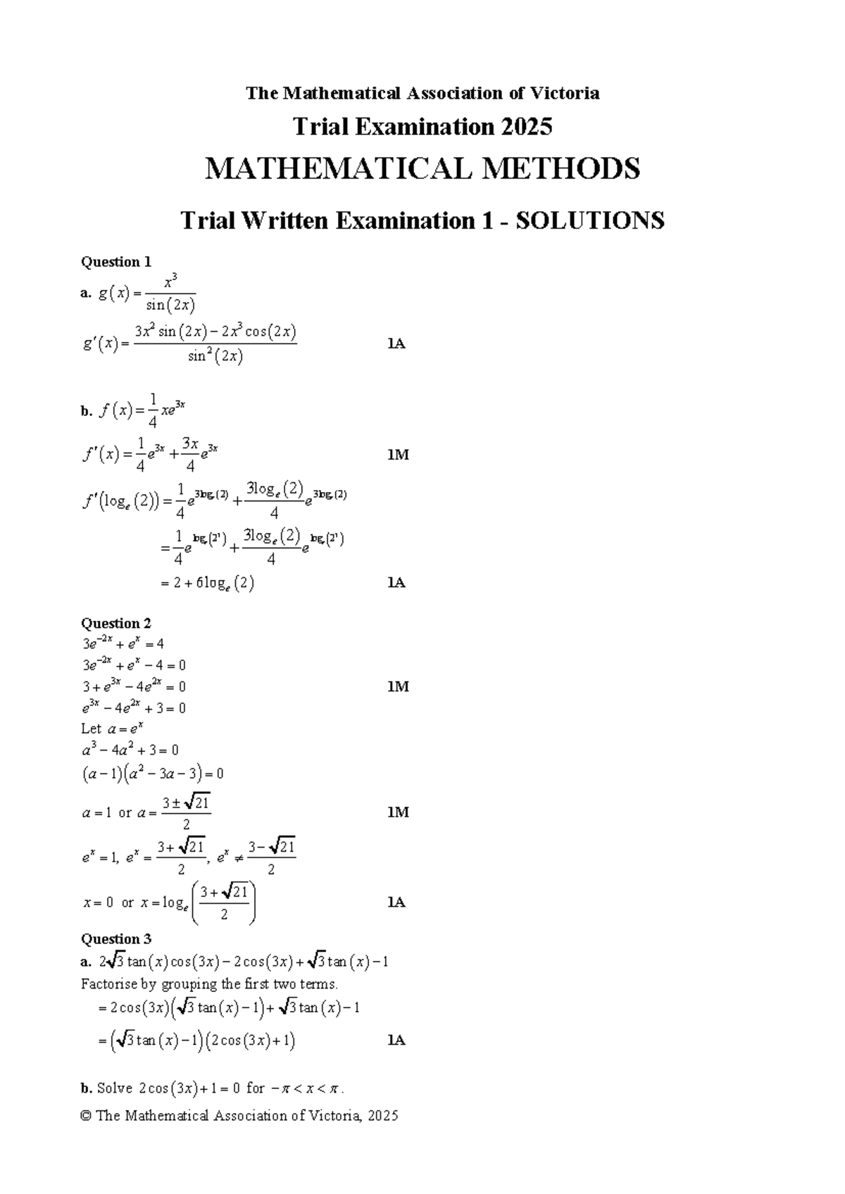 MAV 2025 Mathematical Methods Trial Exam 1 Solutions - Studocu