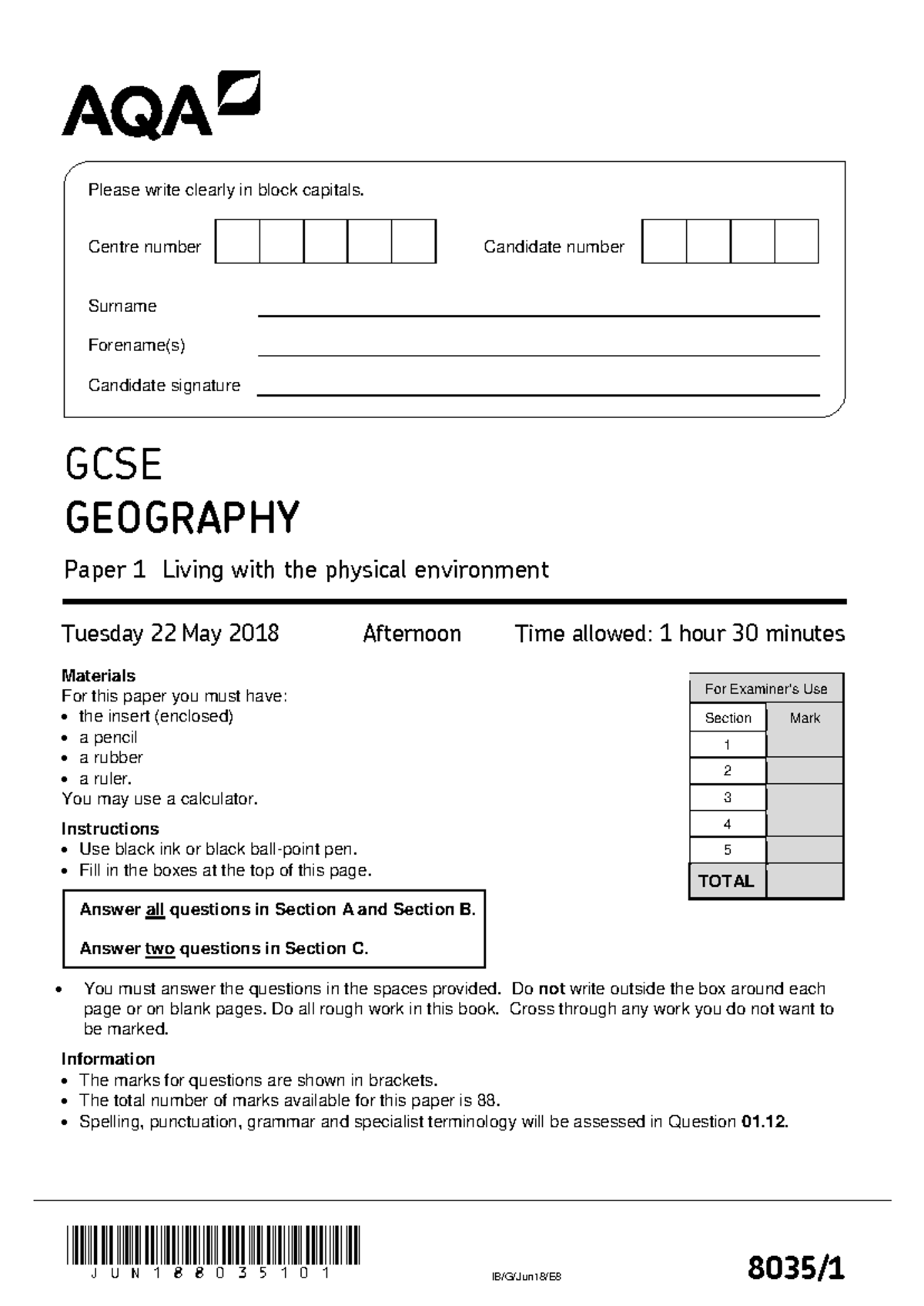 June 2018 AQA Geography GCSE Paper 1 - Living with the Physical ...