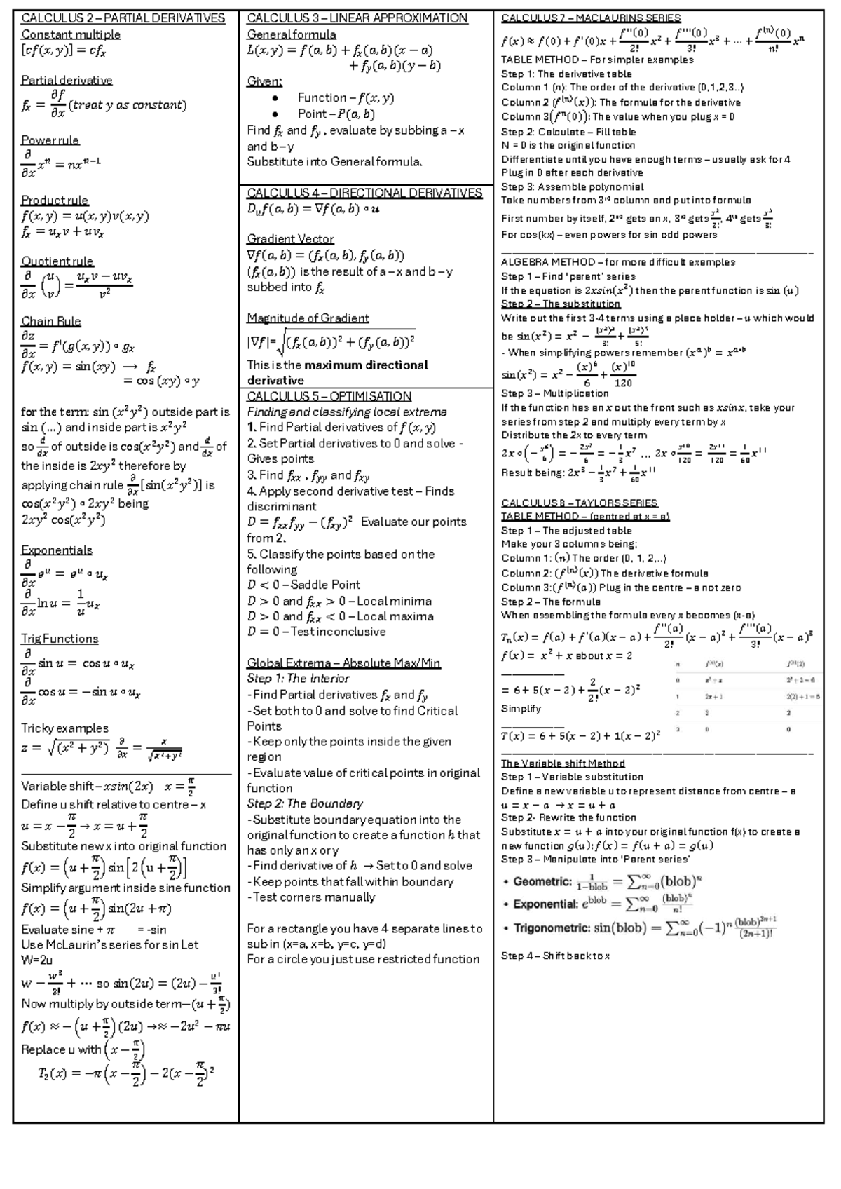 MATH1120 CALC Midsem Notes on Partial & Directional Derivatives - Studocu