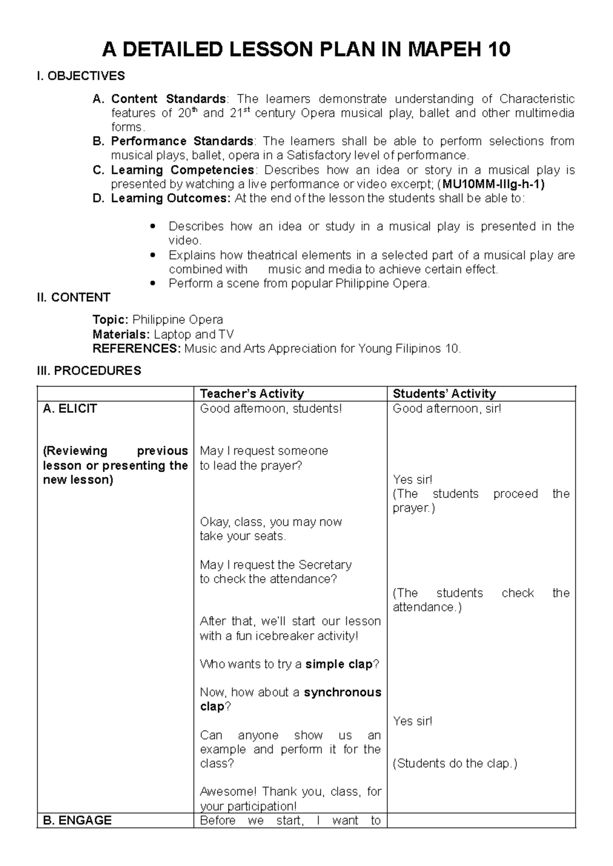 MAPEH 10: Detailed Lesson Plan on Philippine Opera - Studocu