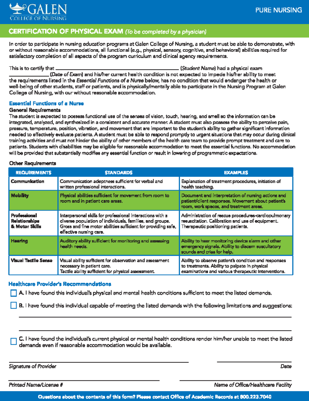 Galen College of Nursing Physical Exam Certification Form - Studocu