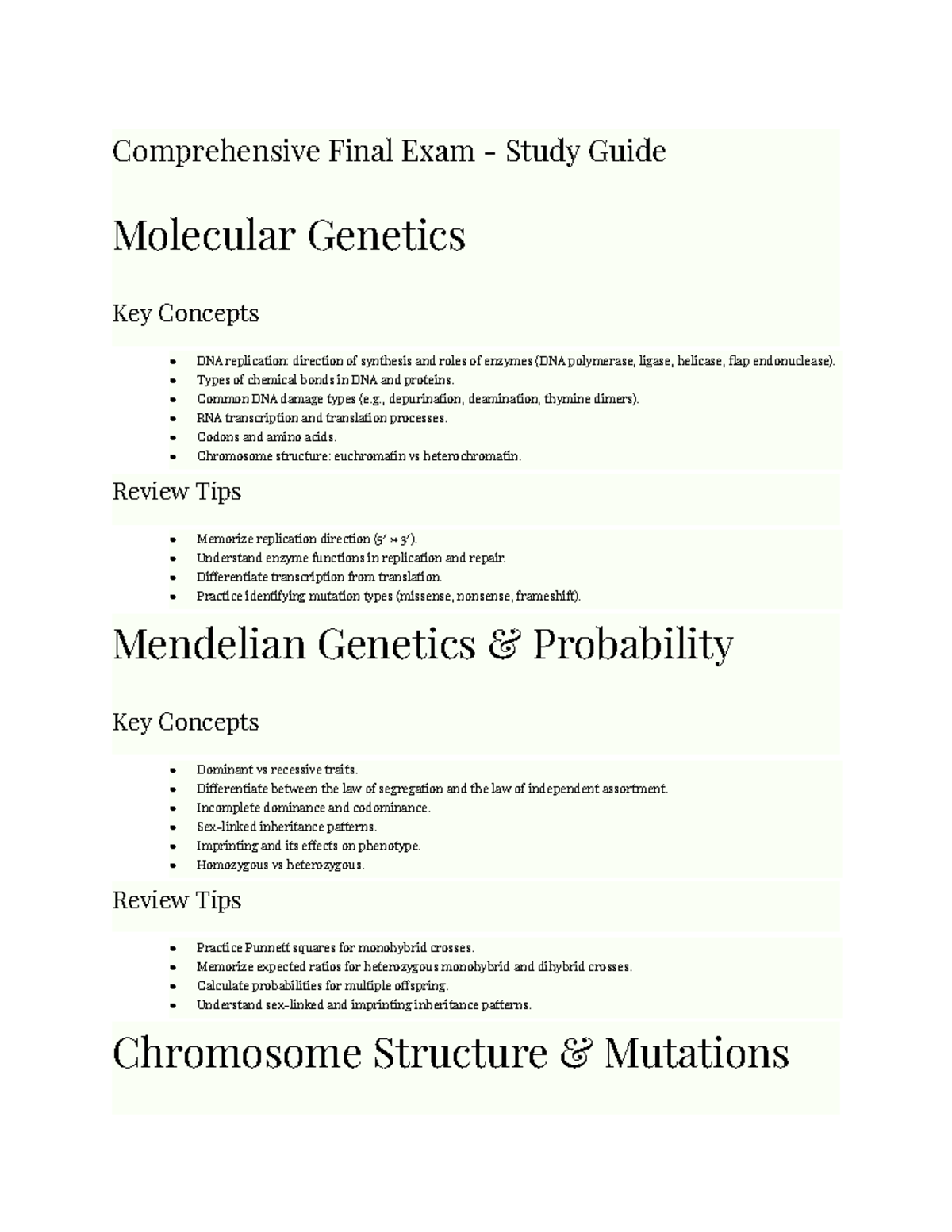 Comprehensive Final Exam Study Guide - Molecular Genetics - Studocu