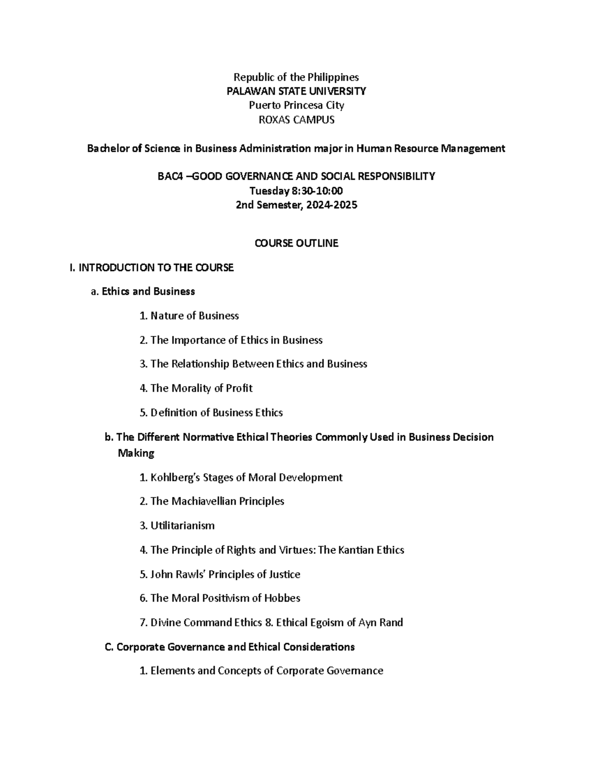 BAC4 - Course Outline: Good Governance & Social Responsibility V3 - Studocu