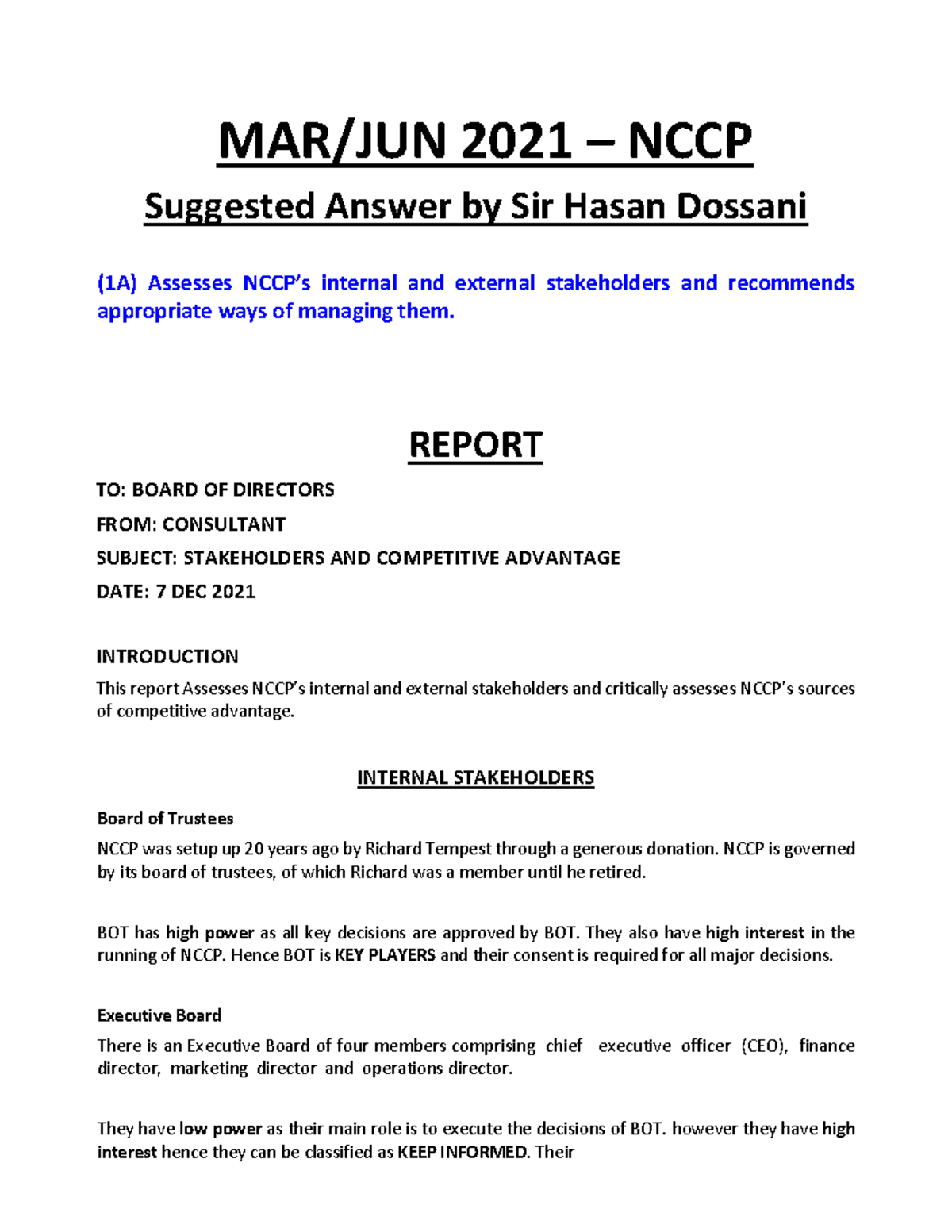 NCCP (Mar Jun 2021) - Draft Answers on Stakeholders & Risk Management ...