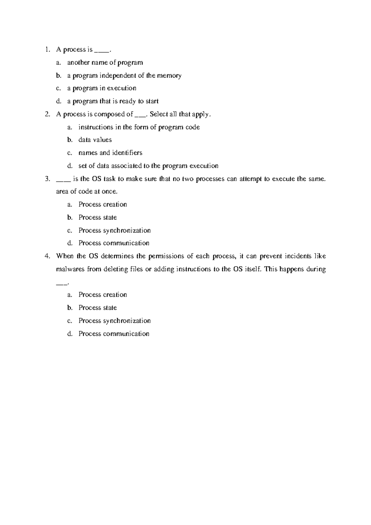 Process Management Quiz (CS101) - Studocu