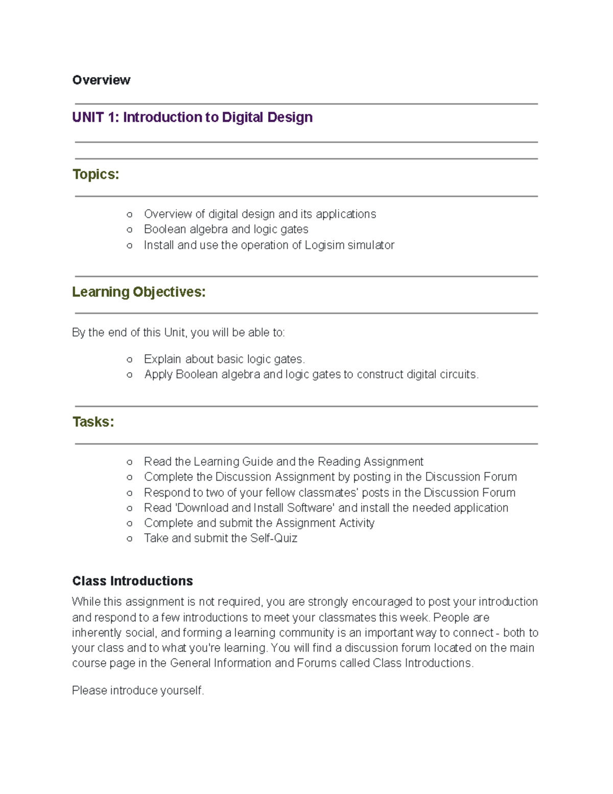 Cs1105 Lg 1 Reading Assignments Overview Unit 1 Introduction To Digital Design Topics