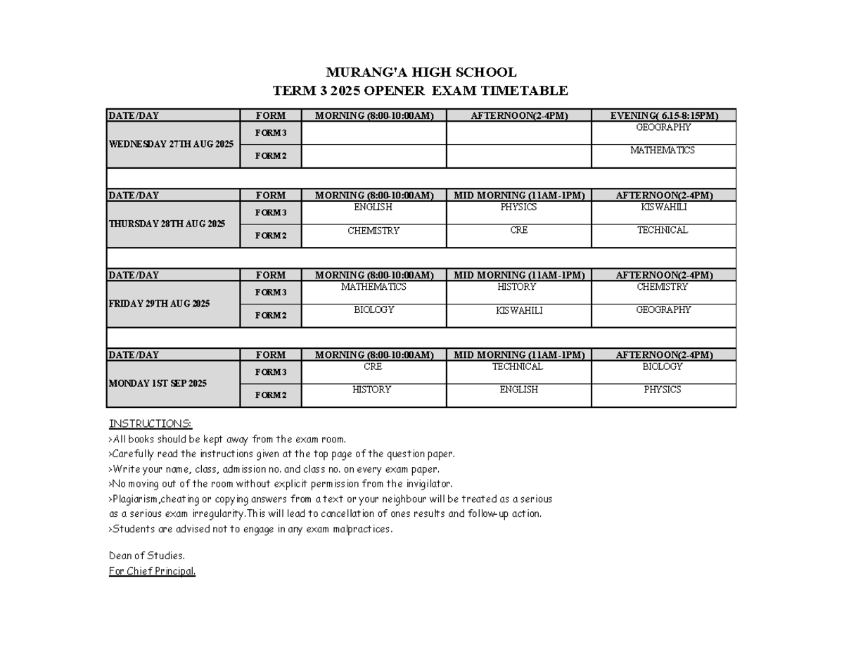 TERM 3 2025 Opener EXAM Timetable for Form 2 & 3 Students - Studocu