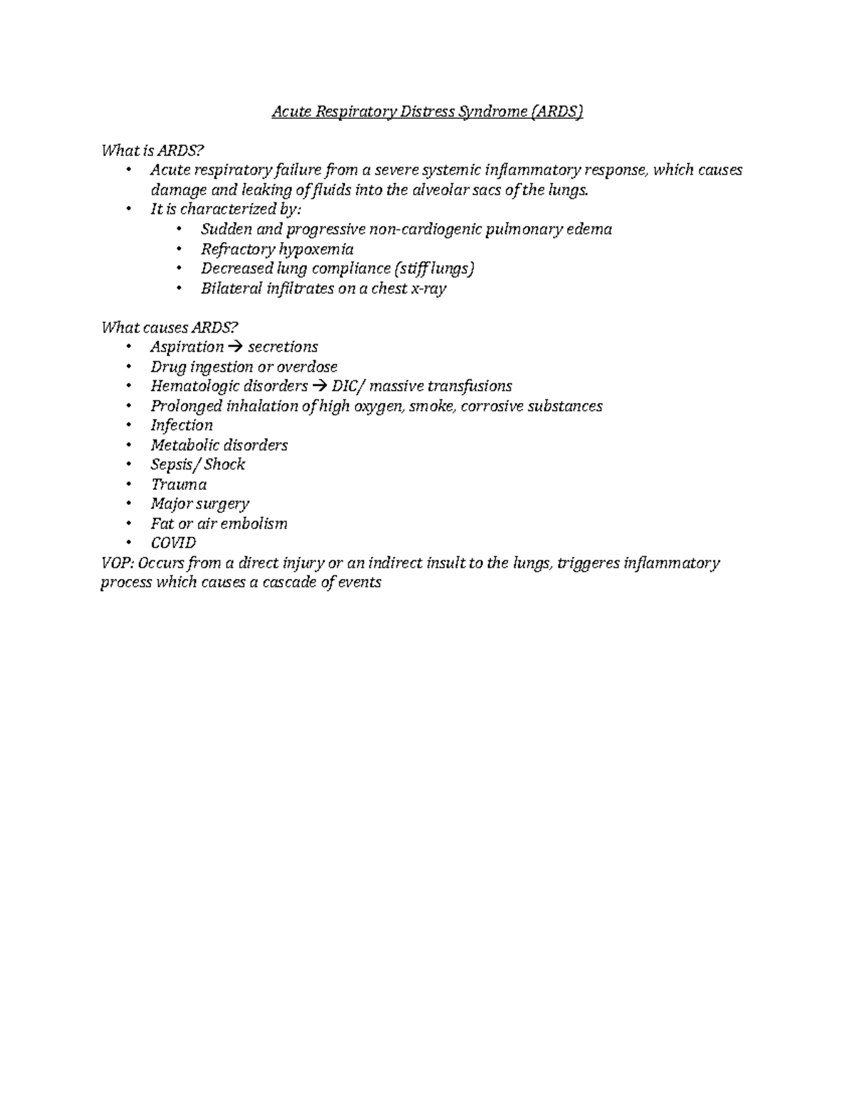 Acute Respiratory Distress Syndrome Overview - NUR480 Notes - Studocu